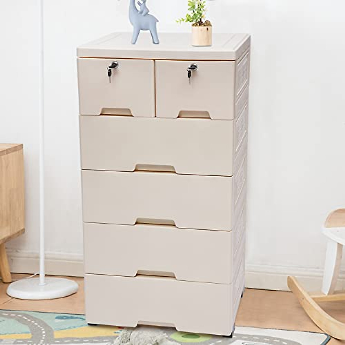 OUKANING Plastic 6 Drawers Storage Cabinet, Modern Beige PP Stackable Vertical Clothes Storage Tower for Storing Clothes, Toys, Books, and Other Items