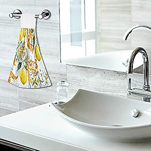 MCHIVER 2 Pcs Hanging Kitchen Hand Towels with Loop, Sicilian Style Lemon Fruit Tile Decorative Towels Absorbent Towel for Bathroom, Laundry Room, Hotel, Gym and Spa