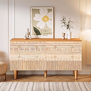 Tribesigns 6-Drawer Dresser, 47-Inch Boho Accent Dresser with 6 Carved Drawers, Double Wide Chest of Drawers, Wooden Dresser Cabinet with Metal Ring Pulls & Legs for Living Room, Bedroom, Oak