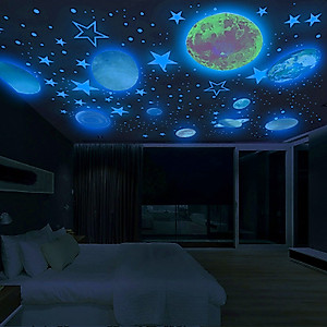 Blue Glow in The Dark Solar System Wall Decals,158 pcs Ceiling Light Stars and Moon Decoration, Planet Decor for Kids Boys Bedroom, Starry Sky Stickers for Nursery