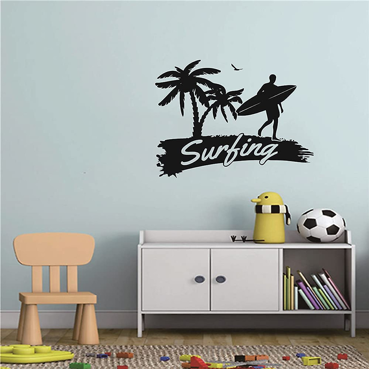 Vinyl Wall Art Surfing Wall Decal Gym Sports Boys Teenages Surf Board Palm Tree Wall Sticker Removable Wall Mural for Bedroom Living Room TM-62 (Black)