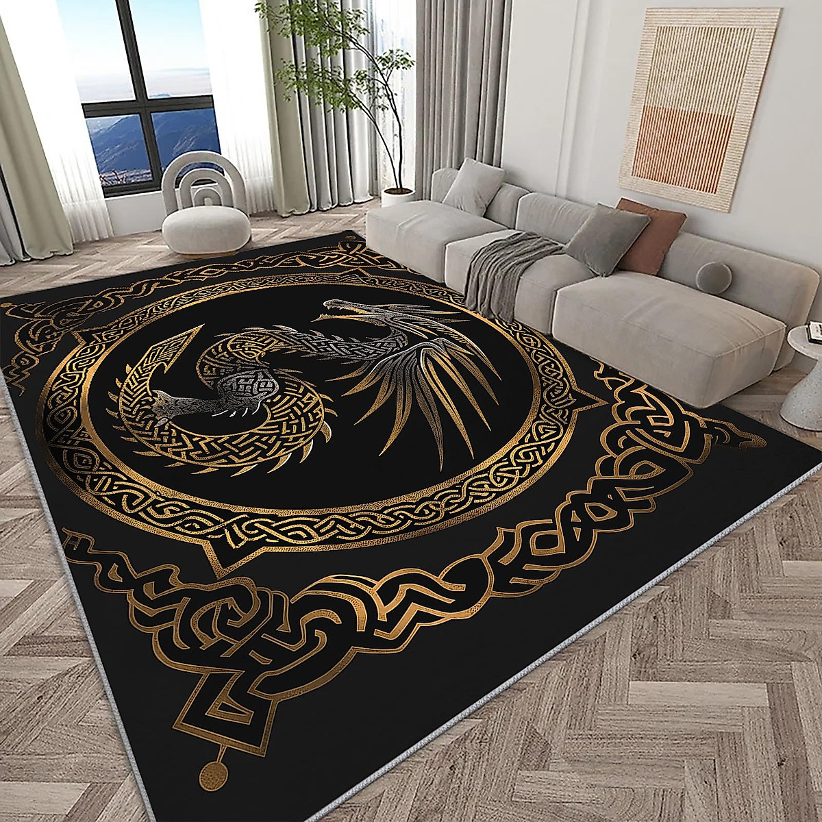 Area Rug for Living Room 5x8 ft, Viking Dragons Celtic Knot Patterns and Runes Print Rugs, Washable Area Rug Low-Pile Carpet, Non-Slip Floor Rugs for Kids Boy Teen Room Home Aesthetic Decor