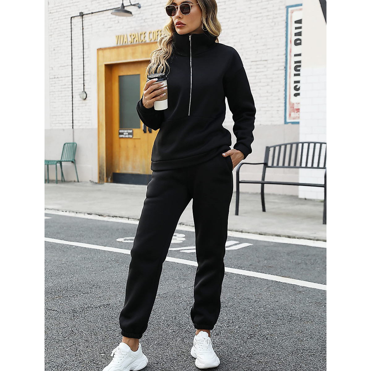 Kissonic Womens Two Piece Outfits Tracksuit Sets Half Zipper Fleece Joggers 2 Piece Long Sleeve Sweatshirts Jogger Pant(Black-L)