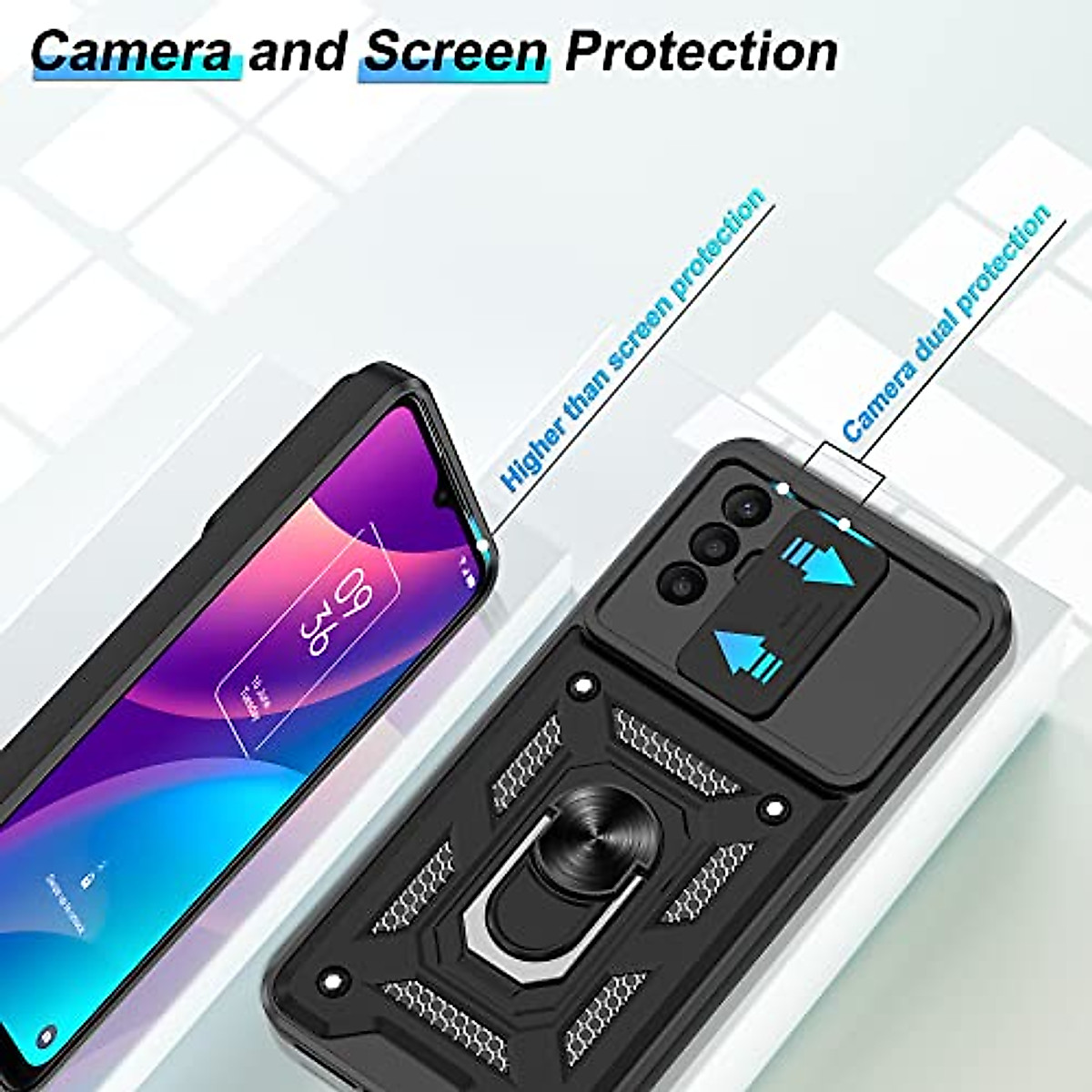 ATUMP for TCL 30 SE Phone Case with HD Screen Protector, Heavy Duty Shockproof with 360 ° Rotation Metal Kickstand [Military Grade] Protective Case for TCL 30 SE, Black
