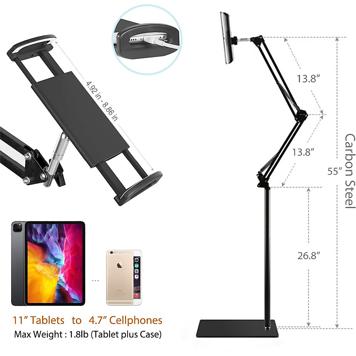 Tablet Floor Stand, Overhead Bed Phone Stand Angle Height Adjustable Holder, Universal Floor Stand Compatible with iPhone iPad Pro Air Mini, Samsung Tab, Kindle, E-Readers…