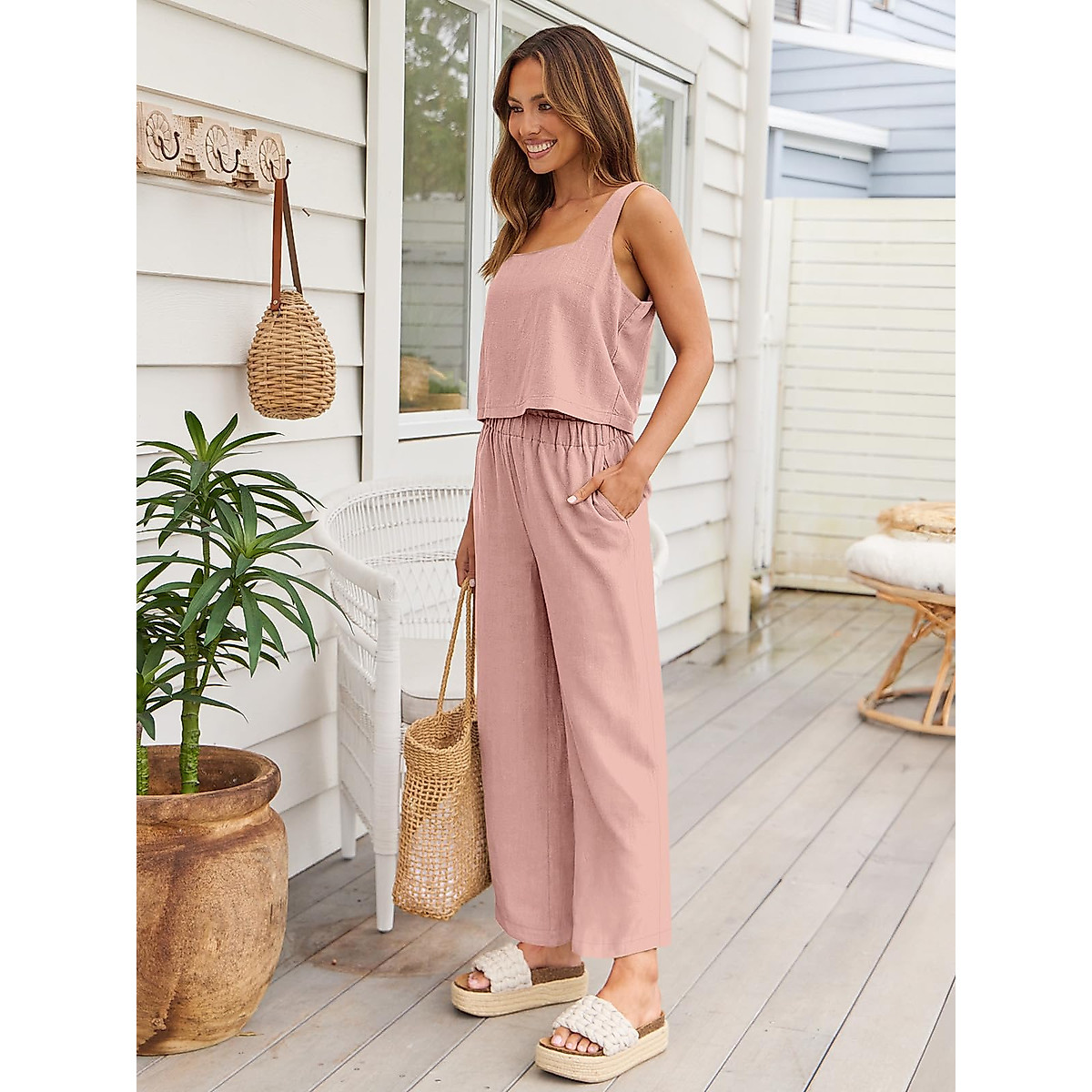 AUTOMET 2 Piece Summer Outfits for Women Casual Soft Lounge Matching Sets Two Piece Linen Crop Top Pants 2024 Fashion Clothes Pink L