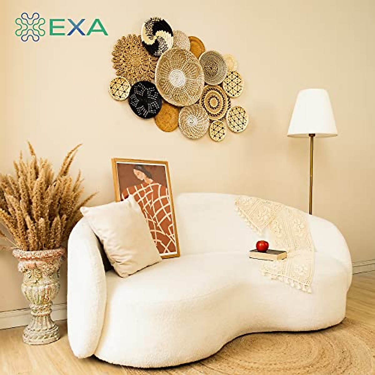 EXA Set of 15 Hanging Woven Wall Basket Decor Summer Bloom Round Decorative Large Wall Decor - Handmade Seagrass Baskets - Rattan Wall Art, Flat Wicker Woven Basket Wall Decors for Boho Farmhouse