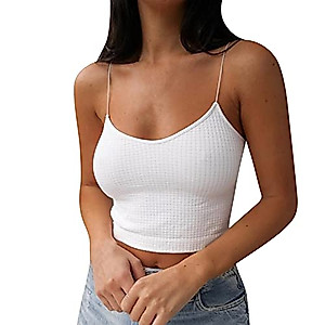 Women’s Sexy V Neck Lace Crop Tops Ribbed Knit Crochet Camisole Cami Crop Tank Tops Sleeveless Camisole Clubwear Vest White