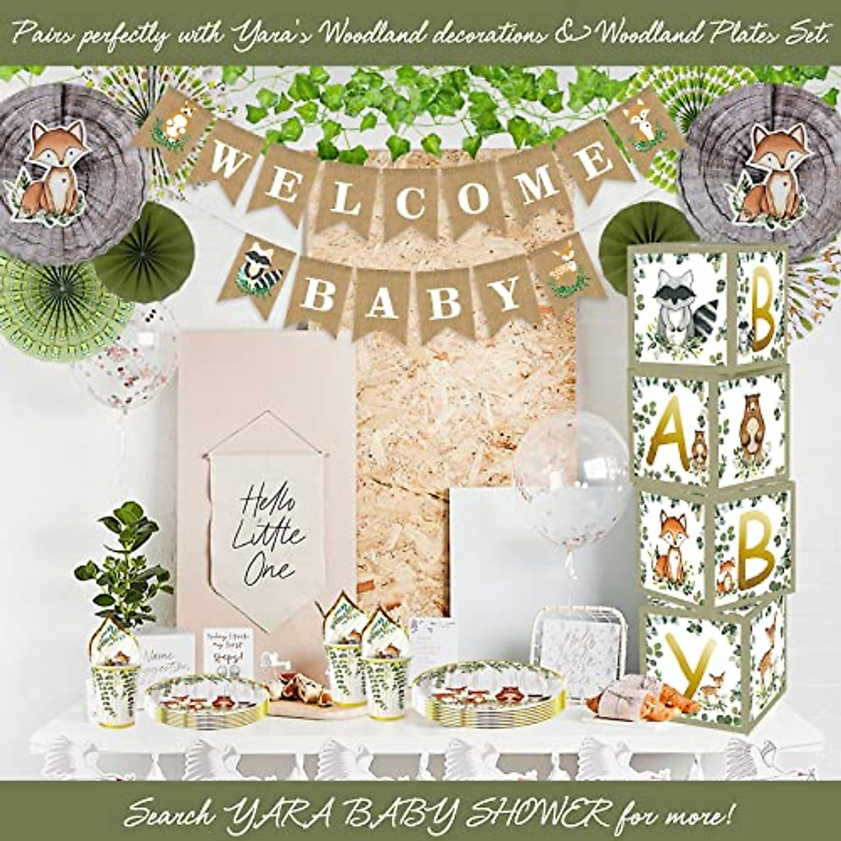 YARA Woodland Baby Shower Decorations Boxes for Boy Girl, Sage Green Party Decor Letters, Boho Baby Blocks Decoration Backdrop, Neutral Gender & Reveal Box Centerpieces, Forest Animals Greenery Theme