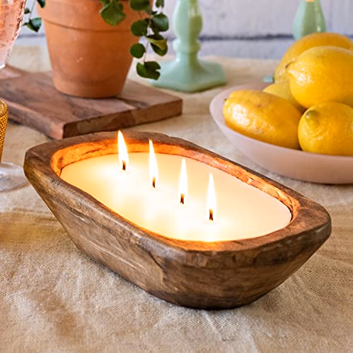 Wooden Dough Bowl Candle 10 Inch, Wooden Dough Bowl Soy Candle, Farmhouse Dough Bowl Candles for Table, Wood Bowl Candle Boat 4 Wick, Wooden Candle Bowl Decor