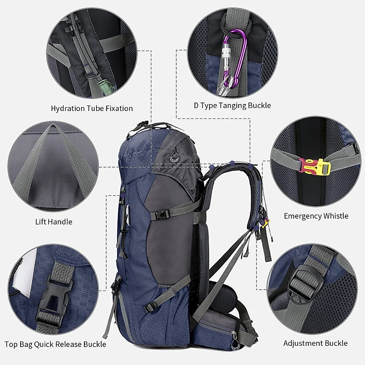 Kerxinma 60L Hiking Backpack Waterproof Travel Hiking Camping with Daypack Cover (Blue)