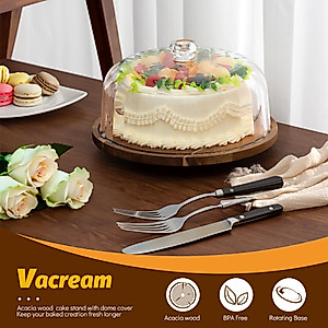 Vacream Rotating Cake Stand with Dome,Acacia Wooden Cake Plate with Acrylic Lid, Wood Lazy Susan with Cover, Cake Stand for Party,Birthday,Parties,Baking Gifts(12 Inch with Dome)