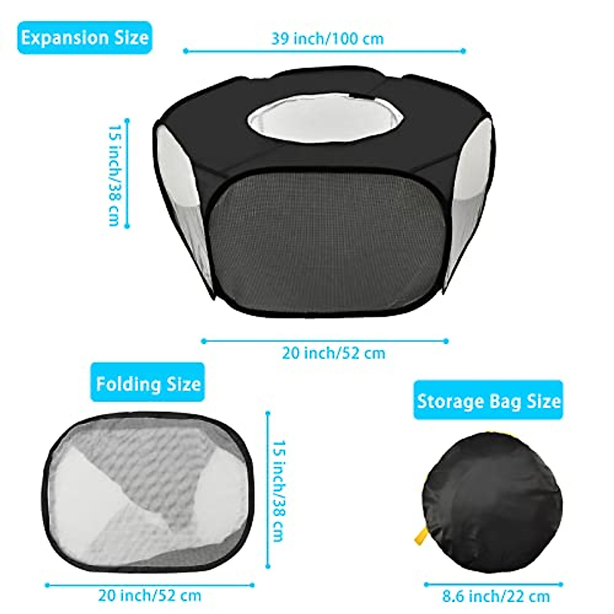 JIMEJV Guinea Pig Playpen, Waterproof Small Animals Playpen with Anti Escape Cover Portable Cat Playpen Breathable Indoor/Outdoor Yard Exercise Cage Tent for Hamster Puppy Chinchillas Rabbits(Black)