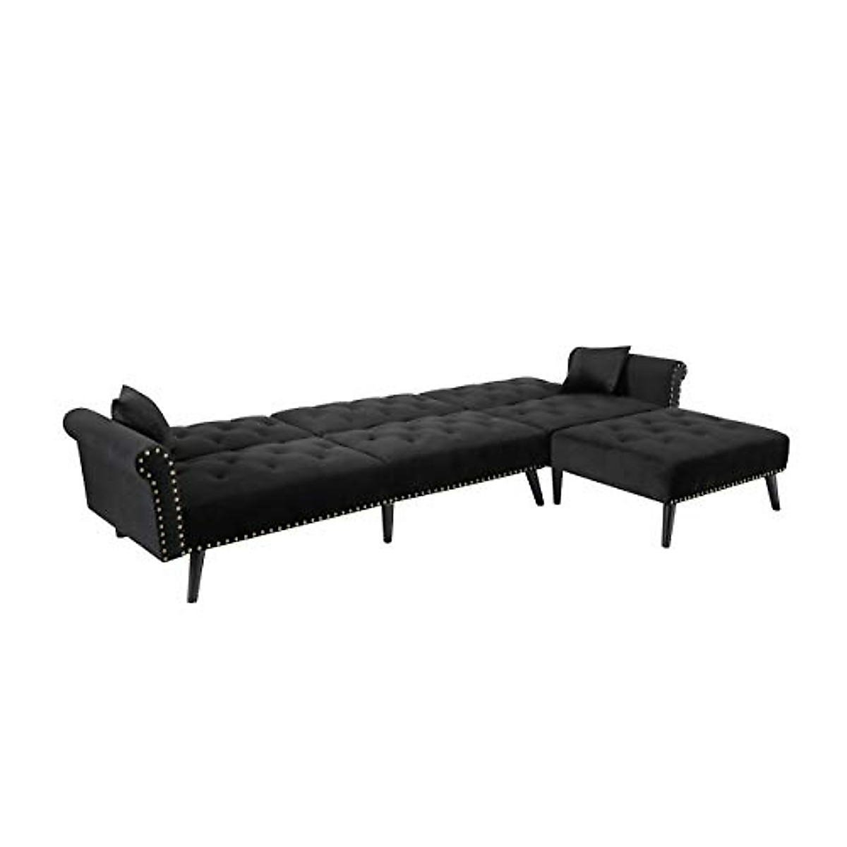 DERCASS Convertible Bed L-Shape Chaise Sectional Sleeper Button Tufted Sofa Velvet with Pillows Reversible Couch for Living Room (Black Sofa), W223S008SOFA
