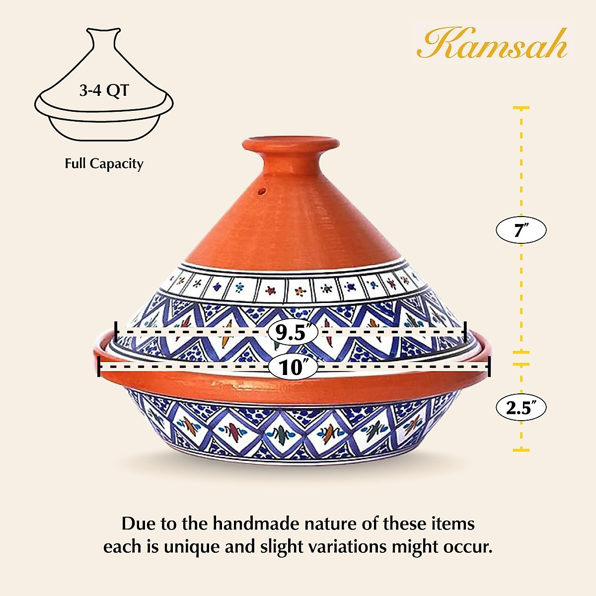 Kamsah Hand Made and Hand Painted Tagine Pot | Moroccan Ceramic Pots For Cooking and Stew Casserole Slow Cooker (Medium, Supreme Bohemian Blue)