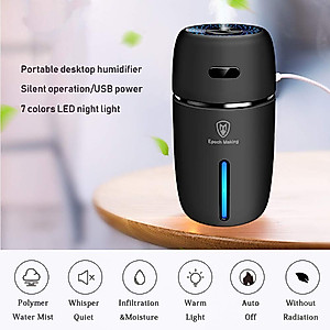 Epoch Making USB Car Humidifier, 200 Milliliter Mini Portable Humidifiers Air Purifier with 7 Colors LED Night Light, Quiet Operation, Adjustable Mist Modes for Travel Home Baby Office Car (Black)