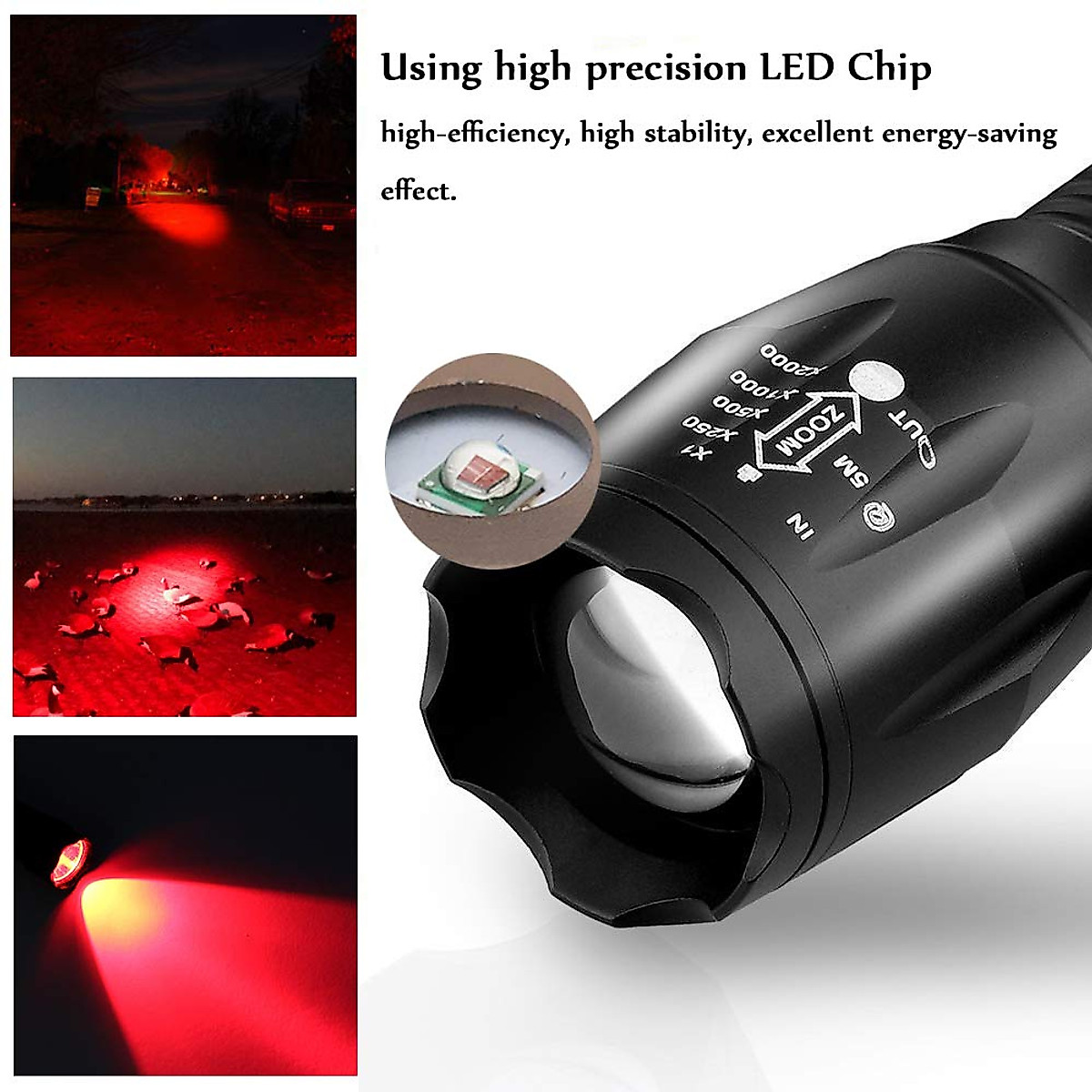 GaiGaiMall Tactical Red LED Flashlight Single Mode Hunting Handheld Flashlight with Zoomable and Waterproof for Astronomy Night Observation etc.