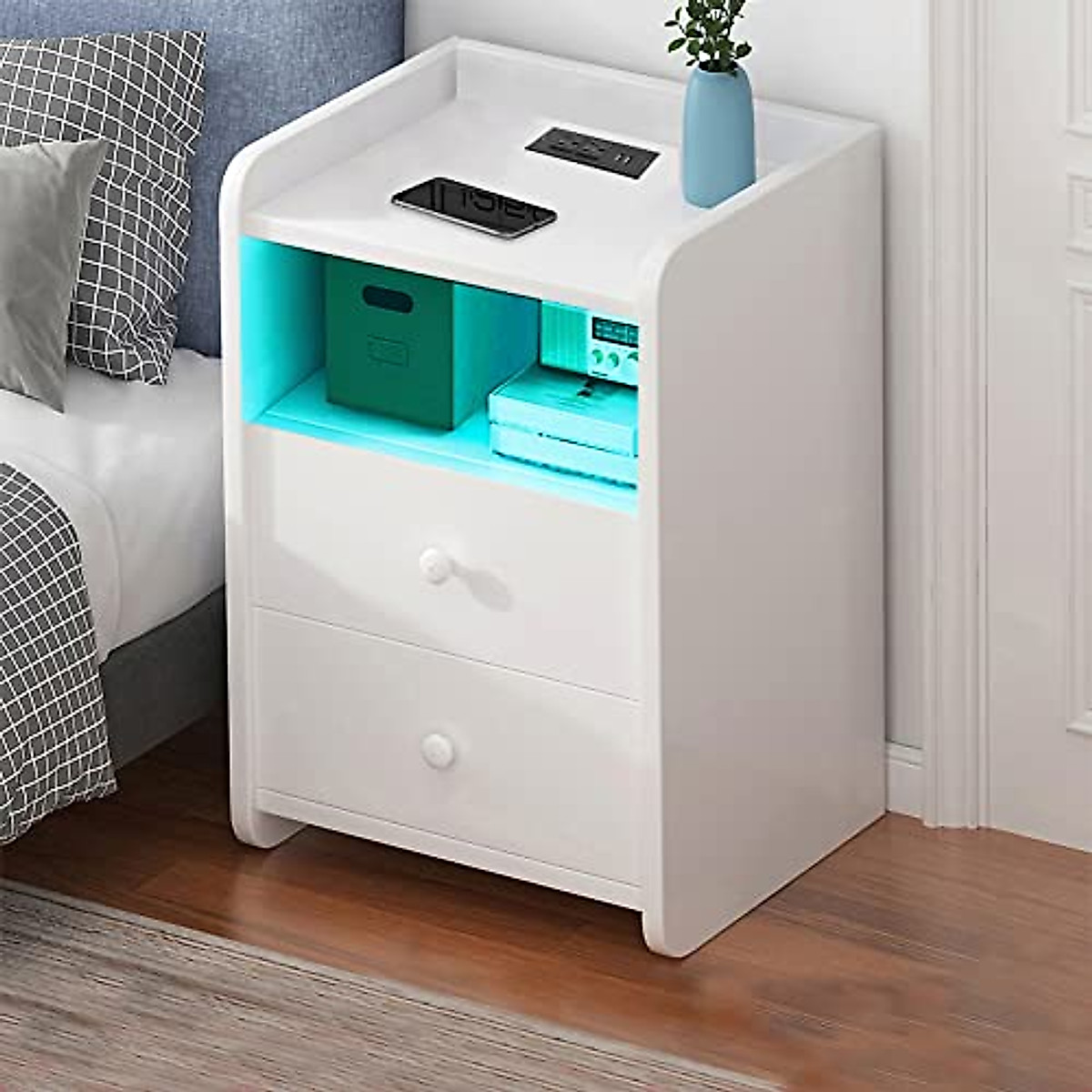 Roozmausy Nightstand with LED Lights and Charging Station,White nightstand,Bedside Table with Drawer,Bedside Cupboard,Bedside Cabinets,Small Spaces Side End Table (White-2Drawer)