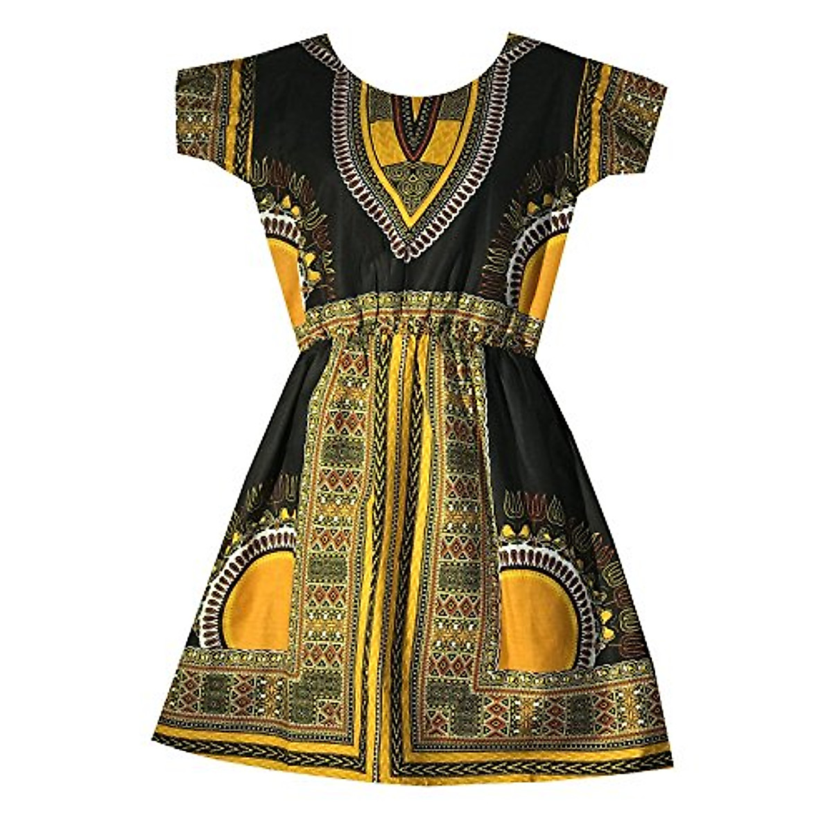 Decoraapparel Girls Dashiki Caftan African Short Baby Doll Dress Above Knee Length (X-Large, Black Yellow)