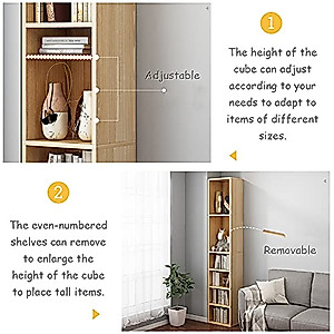 IOTXY Small Narrow Corner Bookcase - 71 Inches Tall Gap Freestanding Storage Cabinet, 8 Lattices Open Shelves Tower Rack, Cubes Bookshelf in Oak