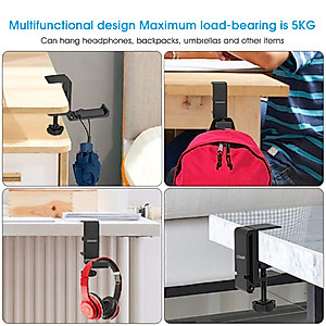 aceyoon Dual Headphone Stand, Under Desk Hanger, 360 Degree Rotatable Dual Headset Holder with Adjustable Clamp, Table Hook for Bag/Backpack/Gaming Headphone