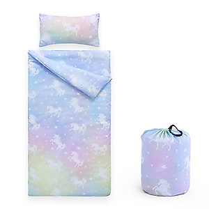 Wake In Cloud - Sleeping Bag Zippered, Nap Mat with Matching Pillow for Kids Boys Girls Sleepover Overnight Travel Slumber Bag, Colorful Unicorns Stars, 100% Soft Microfiber