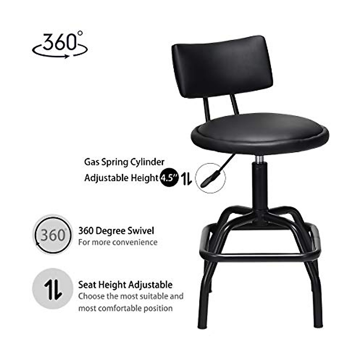 COSTWAY Adjustable Height Bar Stool, 360 Degree Swivel, Modern Guitar Stool for High Ergonomic Seating, with PU Leather Cushion, Heavy Duty Steel Frame for Bar, Shop and Music, Garage, Black