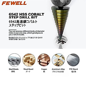 FEWELL M2 Titanium Step Drill Bits 3 Pieces,Straight Flute Step Bit（4mm—12/20/32mm),Hex Shank Unibit for Metal, Wood, Stainless Steel, Plastic（29 Size）