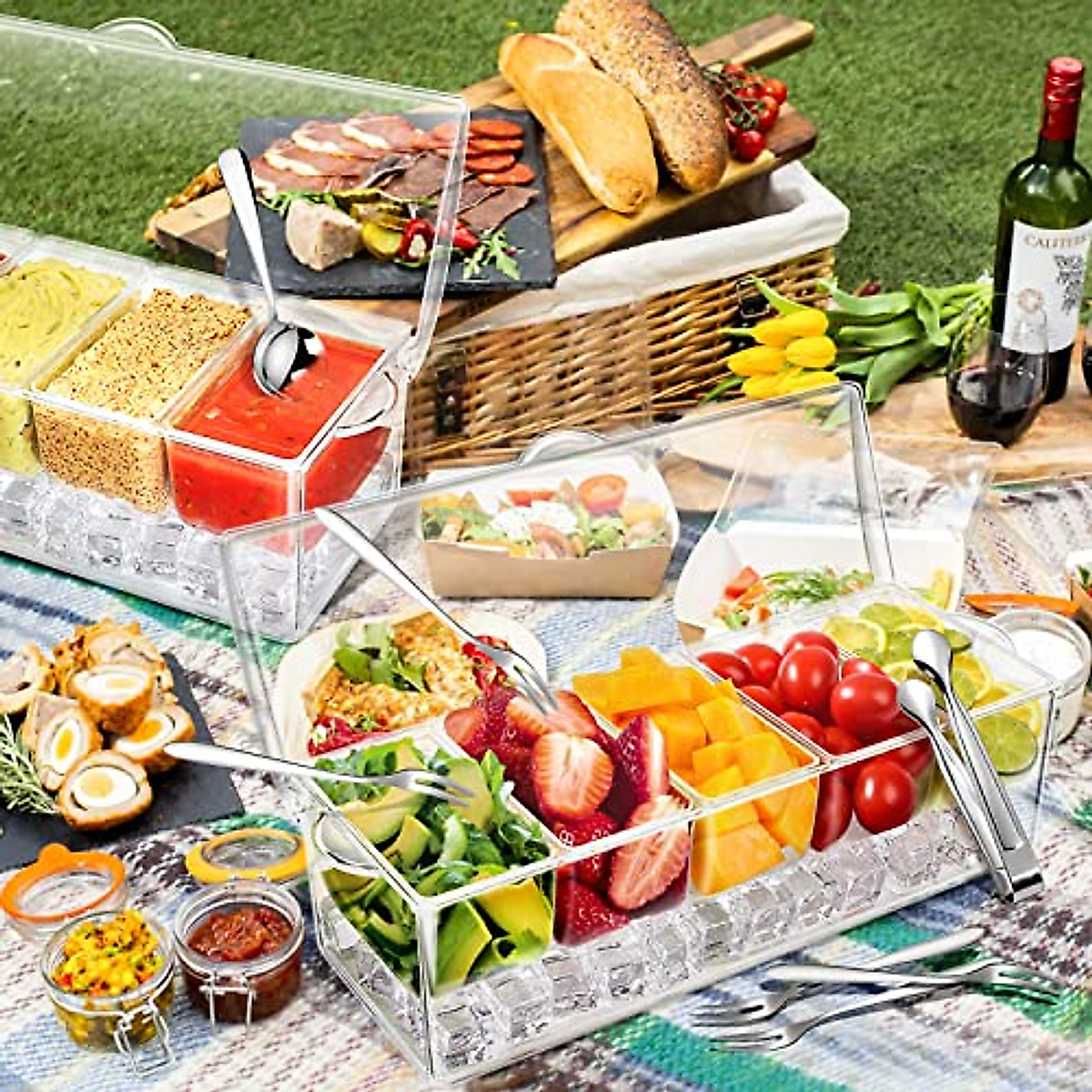 [Stainless Steel] 5 Spoons, 5 Forks and 1 Clip, Condiment Tray, Condiment Server, Caddy, Bar Garnish Holder on ice,Bar Accessories Fruit and Salad with Removable Trays with lid