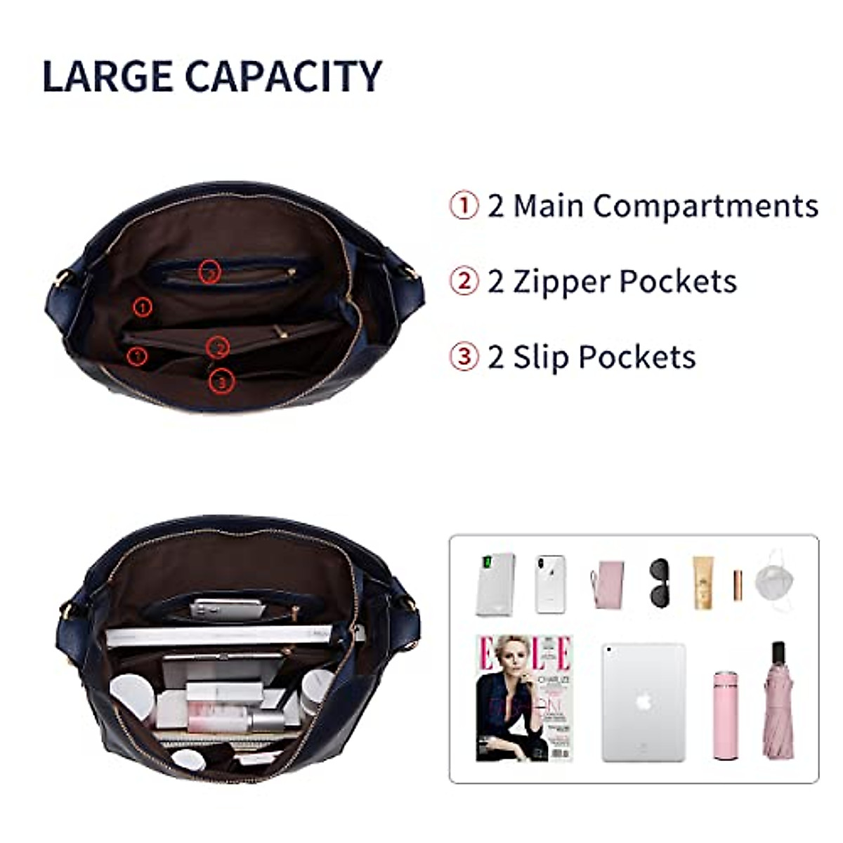 Hobo Bag for Women, Kabanmate Fashion PU Leather Handbag Large Crossbody Tote Shoulder Bag Purse for Ladies Daily Use Black