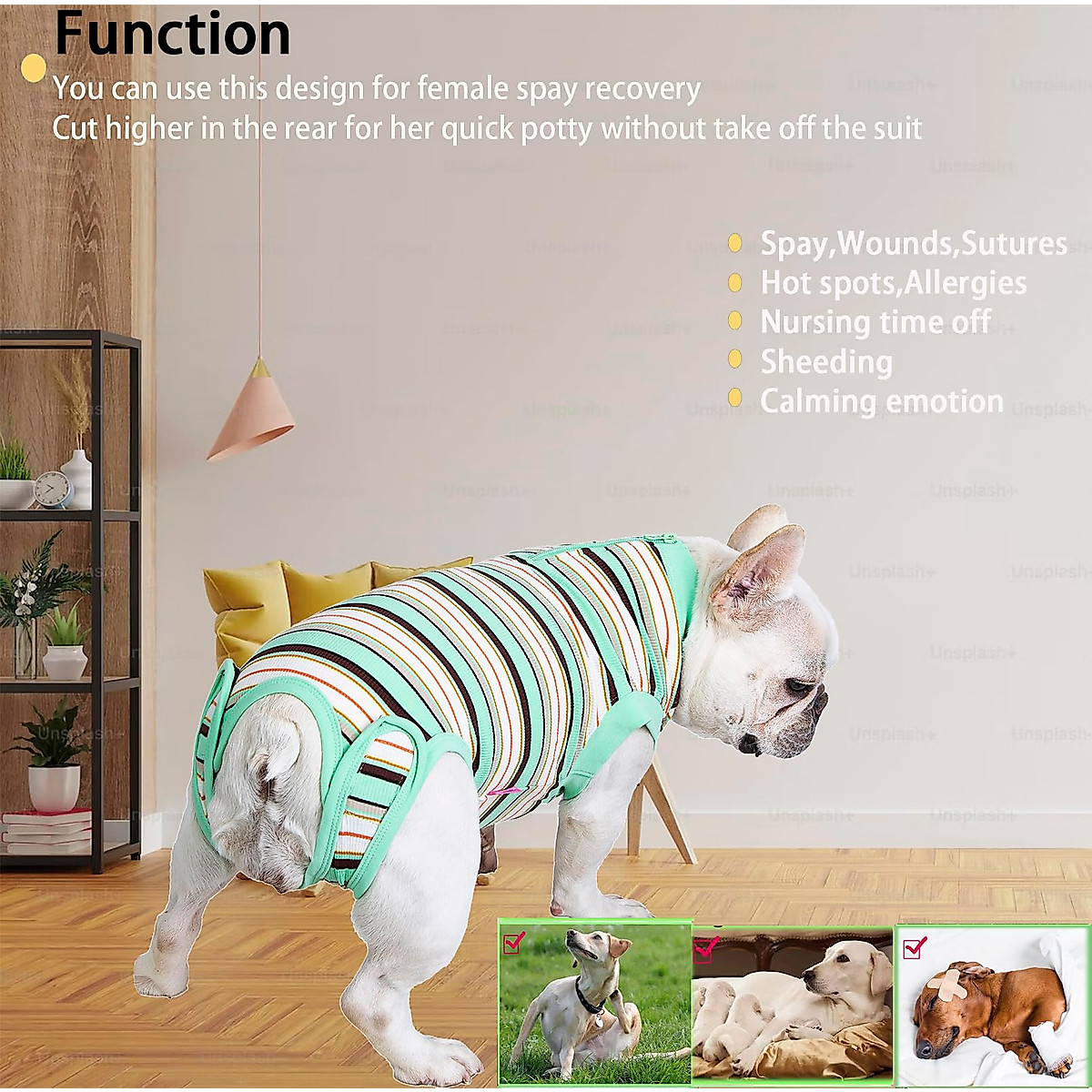 Wabdhaly Dog Surgery Recovery Suit,Surgical Recovery Suit for Small Female Dgos Spay,Zipper Closure,Combed Cotton Breathable Onesie,Multi Green Striped XS