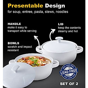 Bruntmor 20 Oz Round Soup Crock With Lid, Ceramic Serving White Soup Bowl With Large Loop Handle, White Ceramic bakeware with lid, French onion soup, Cereals, Oven and Dishwasher Safe- White