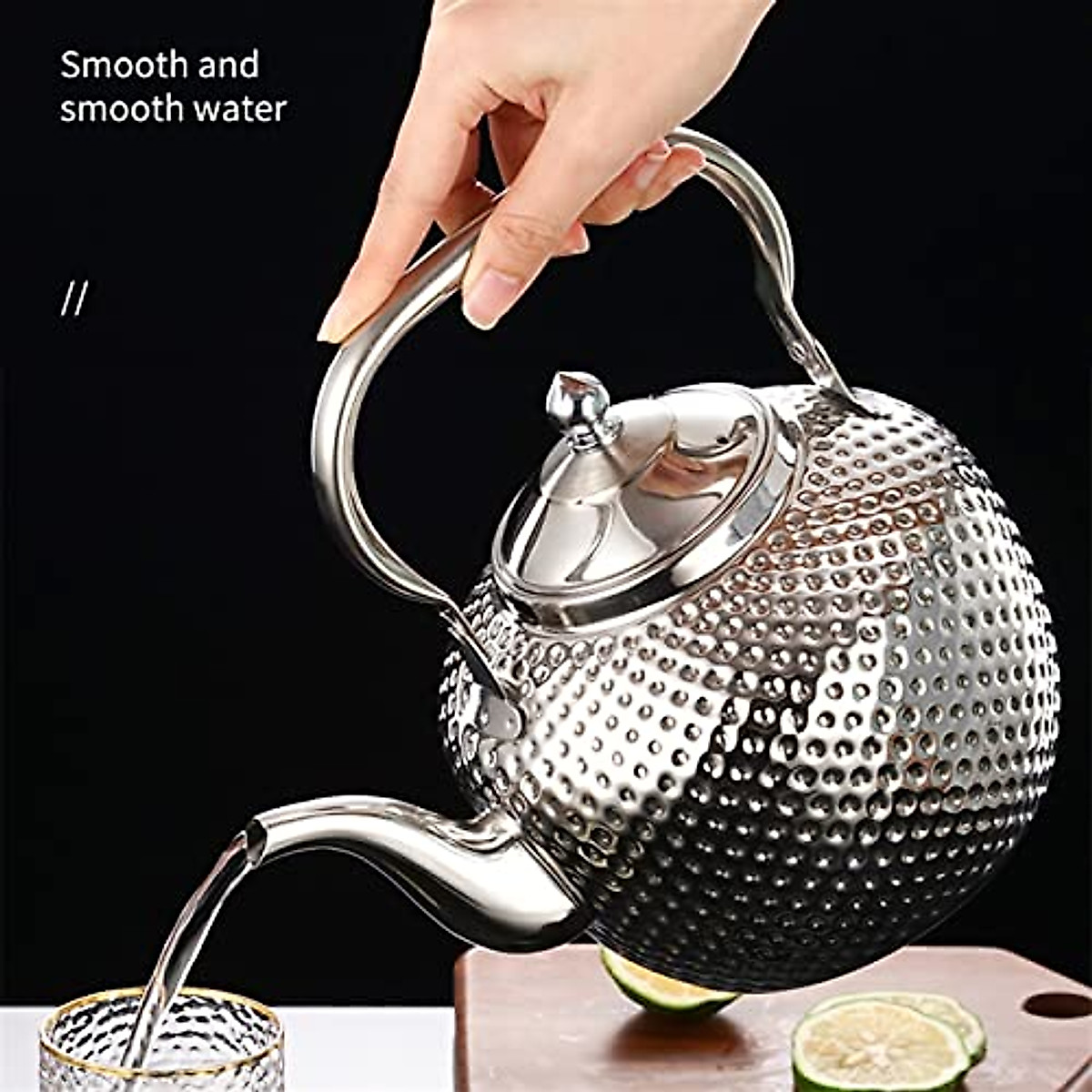VATTEA Water Kettle Electric Stainless steel teapot hammer pattern kettle with tea strainer household restaurant induction cooker tea maker (Color : Silver)