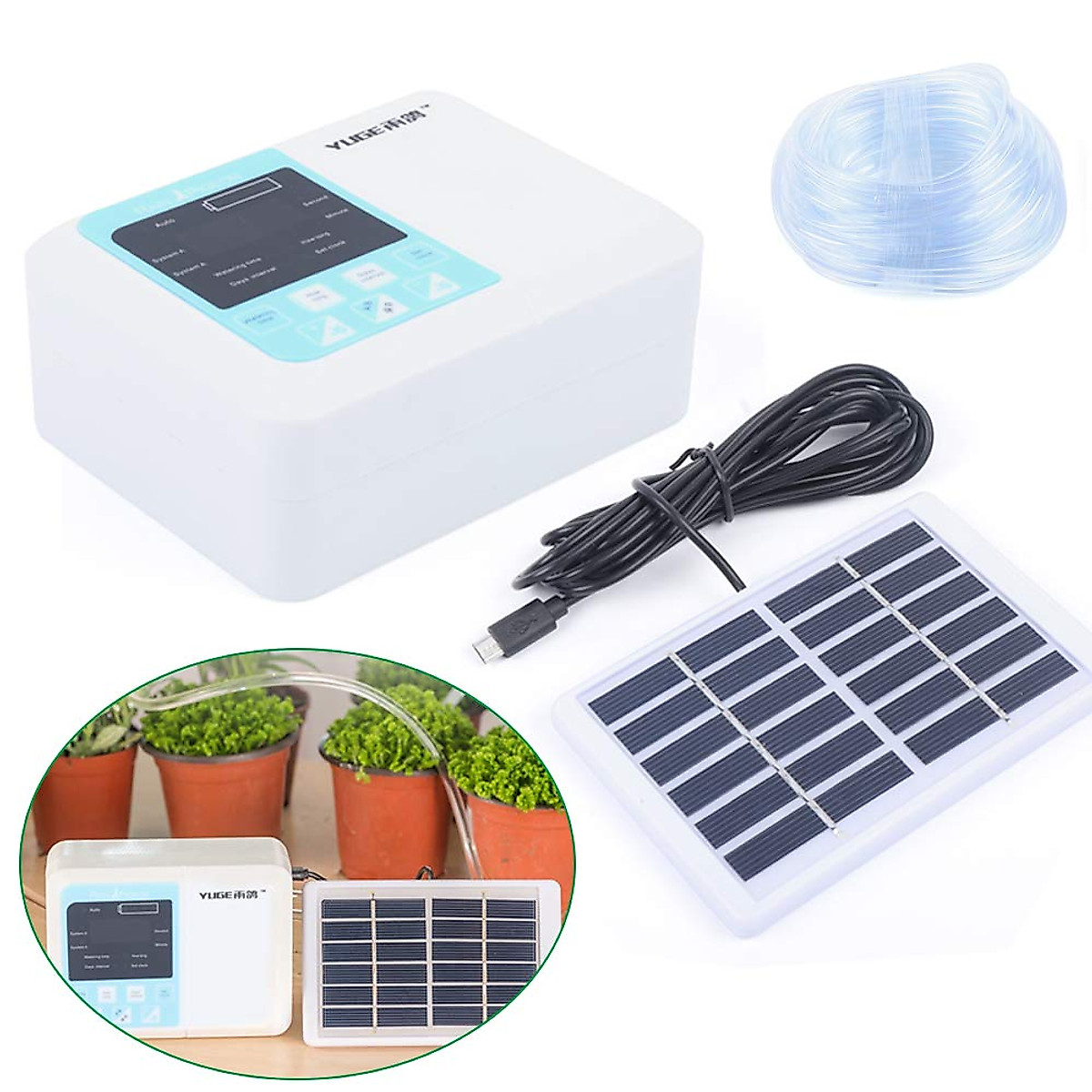 Automatic Drip Irrigation Pump Set, Self Watering System with Solar Energy USB Charging and Dual Pump Independent Timing for Plant Drip Irrigation for Potted Plants Flower Vegetables