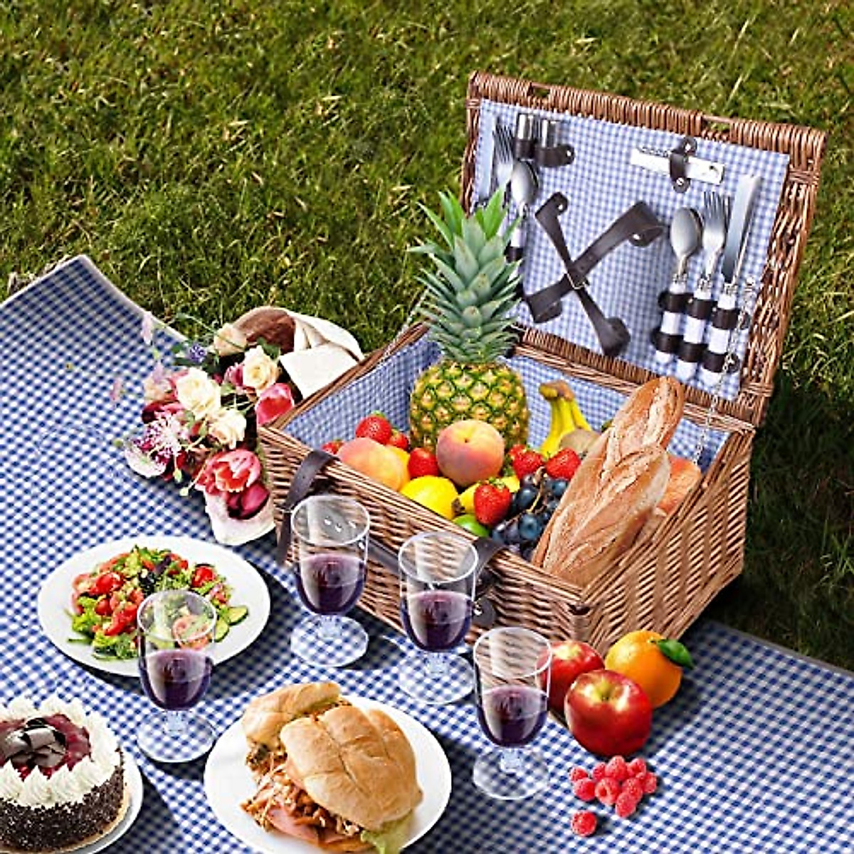 Flexzion Picnic Basket for 4 Person, Rectangular Wicker Picnic Basket Set, Insulated Picnic Case with Waterproof Lining and Blanket, Napkins, Cutlery Set, Wine Glasses, Bottle Opener and Plates