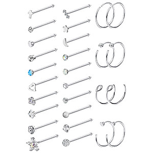 MILACOLATO 28Pcs 20G Nose Rings for Women | 316L Surgical Stainless Steel Nose Rings Hoops | Hypoallergenic Straight Shaped Nose Rings Studs | Nose Piercing Jewelry for Women Men