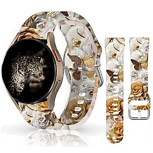 20mm Floral Silicone Sport Bands Compatible for Galaxy Watch 6/Watch 5/Galaxy Watch 4 40mm 44mm/Classic 42mm 46mm/Watch 3 41mm, Active 2 Watch Bands,Diamond Rose Butterfly Replacement Strap for Women