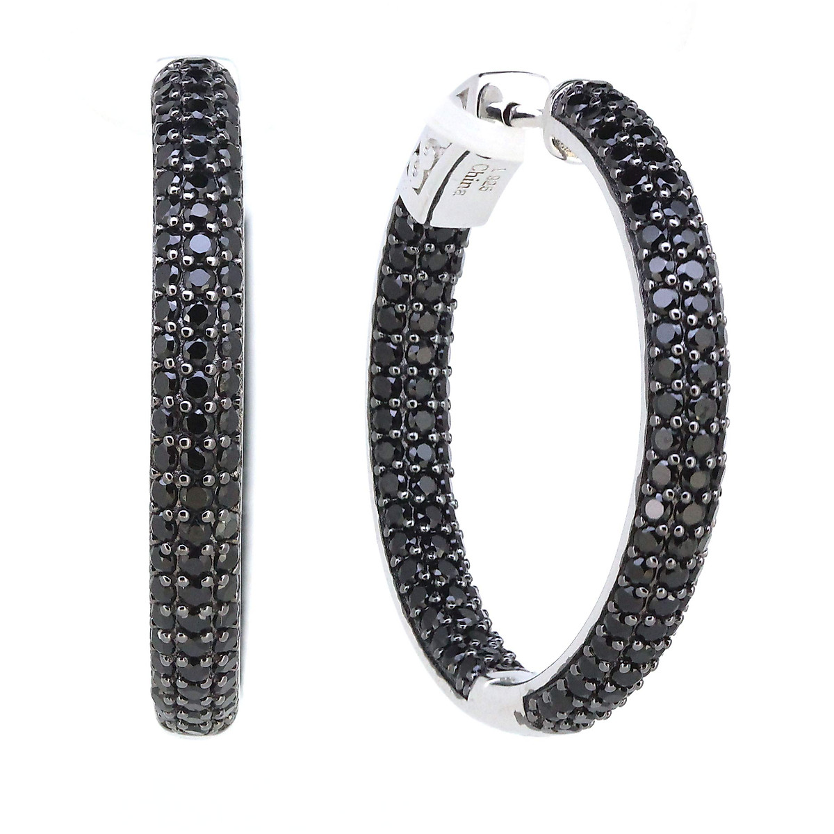 1.25" Sterling Silver Black Spinel Round Hoop Earrings (4.6 CT.T.W)