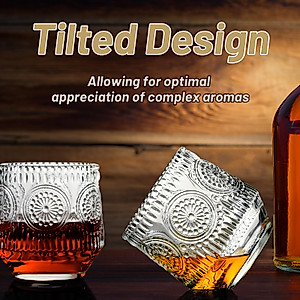 Wongblee Vintage Whiskey Glasses Set of 6, 13.5 OZ Scotch Bourbon Rock Glasses, Old Fashioned Embossed Drinking Cups for Gift, Home Bar, Party