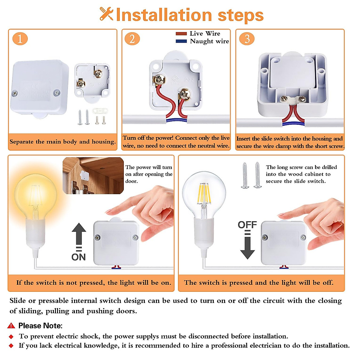 Helunsi Cabinet Door Lamp Switch, 2 Pack Door Switches for Closet Light, ON Off Normally Closed Wardrobe Touch Activated Switch, for Open Close Sliding Pressure Doors Drawers Automatic Switch - White