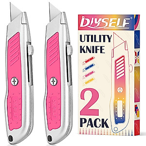DIYSELF 2 Pack Box Cutter, Aluminum Utility Knife, Box Cutter Retractable, Sturdy Razor Knife for Cardboard, Boxes, Packages, Papers, Cartons, Box Cutter Knife, Navajas de Trabajo, Pink Knife