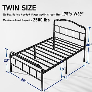 Breezehome 18in Twin Bed Frame with Vintage Headboard and Footboard, Heavy Duty Metal Platform Bed Frame, No Box Spring Needed, Noise Free, Easy Assembly, Black