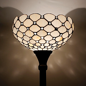 WERFACTORY Tiffany Floor Lamp Cream Amber Stained Glass Bead Light 12X12X66 Inches Pole Torchiere Standing Corner Torch Uplight Decor Bedroom Living Room Home Office (LED Bulb Included) S005 Series