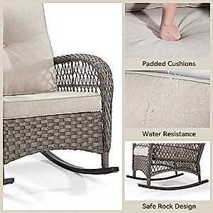 MeetLeisure Patio Wicker Rocking Chair - All-Weather Outdoor Rocker Chair with Safe Rocking Design and Premium Fabric Cushions, (Mixed Grey/Beige)