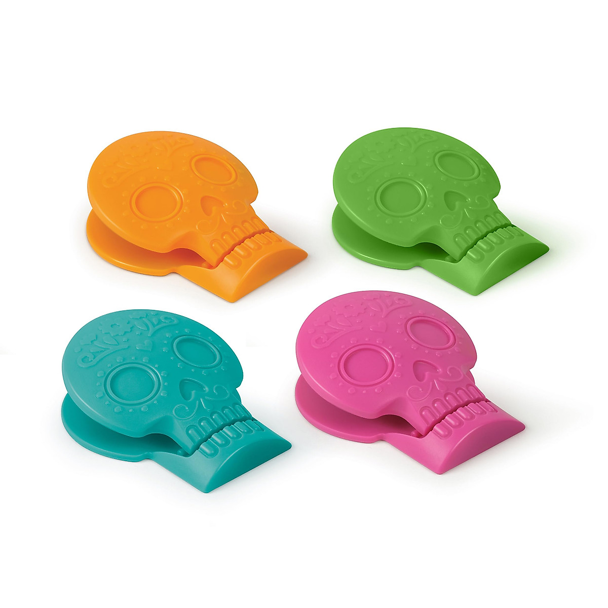 Genuine Fred SNACK SPIRITS Bag Clips, Set of 4, Molded Day of the Dead skull design, Dio de los Muertos, Colorful Calaveras, Bag Clips for food storage