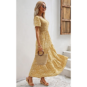 Maggeer Womens 2025 Summer Spring Wedding Guest Long Dresses Boho Maternity Baby Shower Mothers Day Smocked Floral Maxi Dress with Sleeves Mustard XS