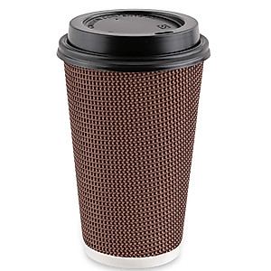 PARTY BARGAINS Ripple Hot Cups with Lids, 16 oz, 40 Count, Brown, Insulated Double Wall, Disposable Paper Coffee Cups, To-Go Cup, Tea, Hot Beverages, No Sleeve Needed