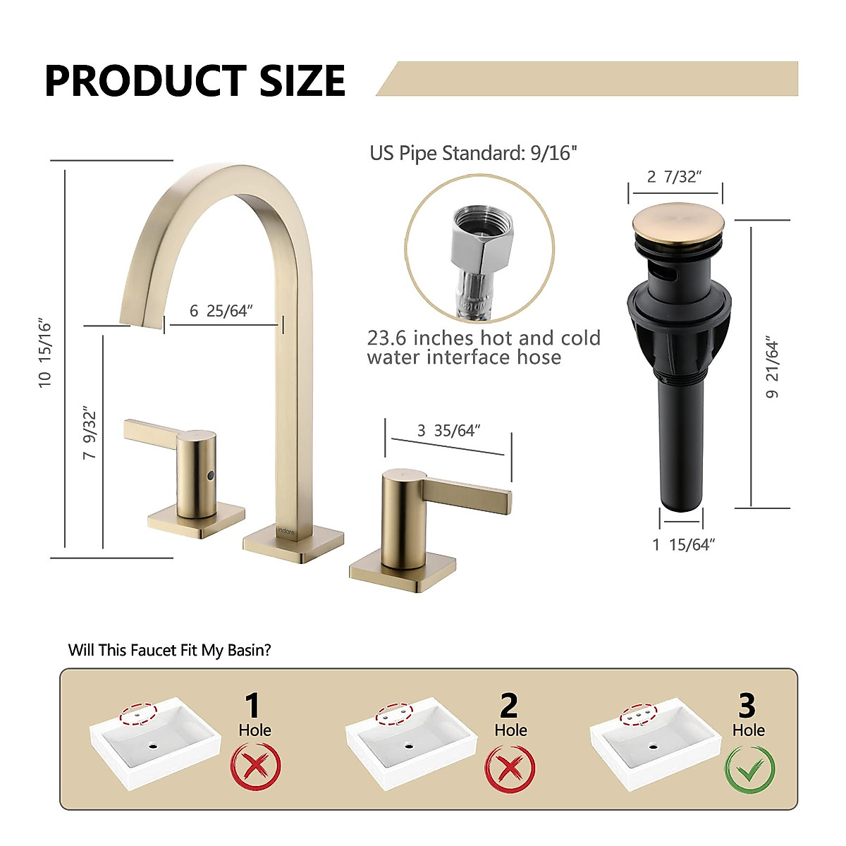 indare Brushed Gold Bathroom Faucet, 8 Inch Brass Widespread Bathroom Sink Faucet 3 Holes, Two Handles Bathroom Sink Faucet with Pop-Up Drain & Supply Lines, 110104-BG