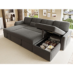 YITAHOME 105" Oversized Sleeper Sofa, 2 in 1 Convertible Sofa Bed with Pull Out Couch Bed and Dual Storage Chaise, U-Shape Sectional Sofa for Living Room, Teddy Fleece, Grey