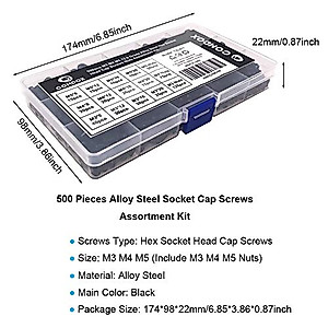 Comdox 500pcs Alloy Steel Socket Cap Screws Hex Head Bolt Nuts Assortment Kit with Box, M3 M4 M5 Thread Size, Black Oxide Finish